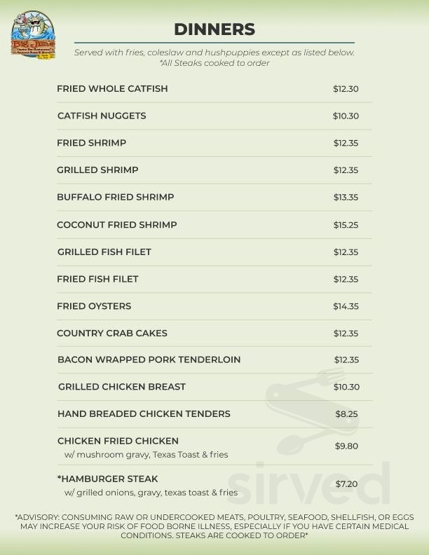 Big Jim's Restaurant menu in Donalsonville, Georgia, USA