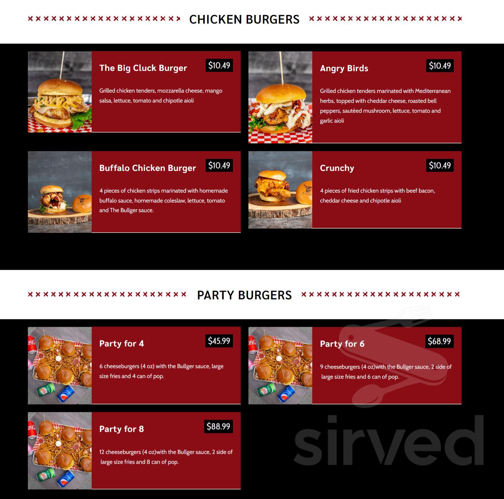 The Bullger Burger & Steak (Queen) menu in Toronto, Ontario, Canada