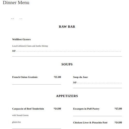 Ross' Grill menu in Provincetown, Massachusetts, USA