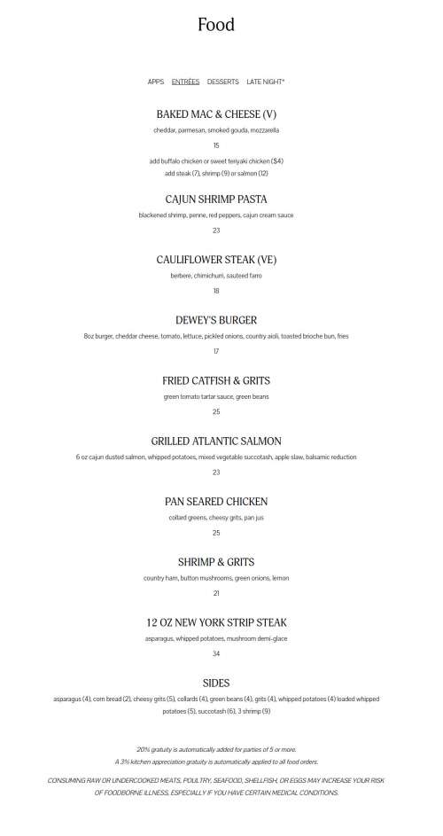 Dewey's Jazz Lounge menu in Springfield, Massachusetts, USA