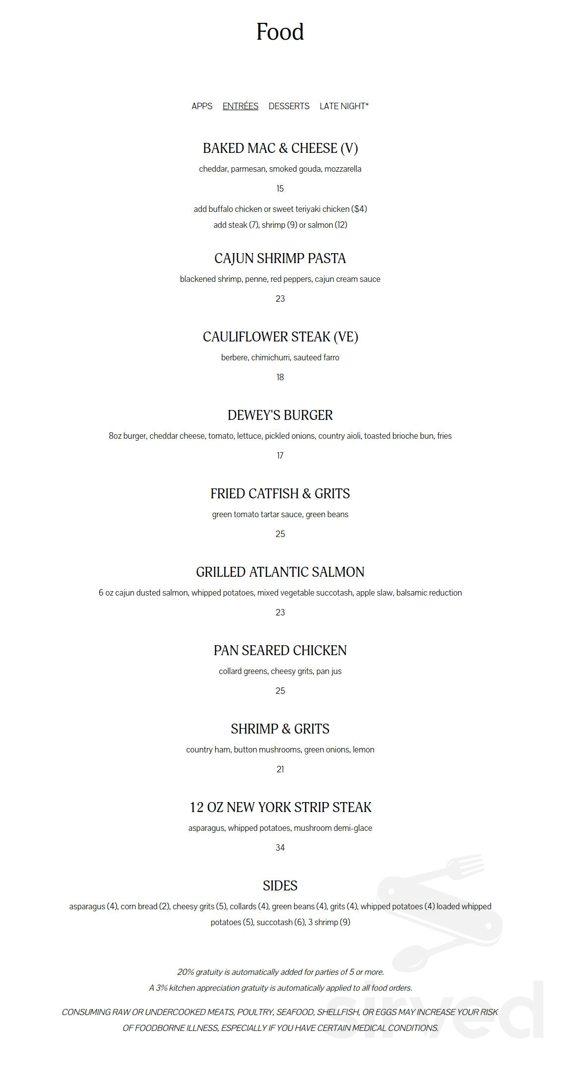 Dewey's Jazz Lounge menu in Springfield, Massachusetts, USA