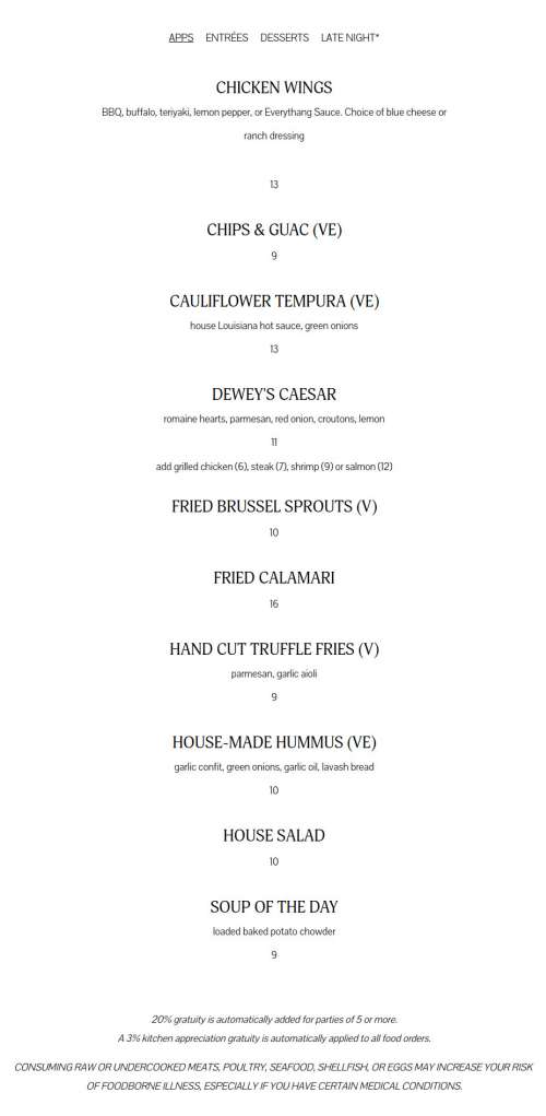 Dewey's Jazz Lounge menu in Springfield, Massachusetts, USA