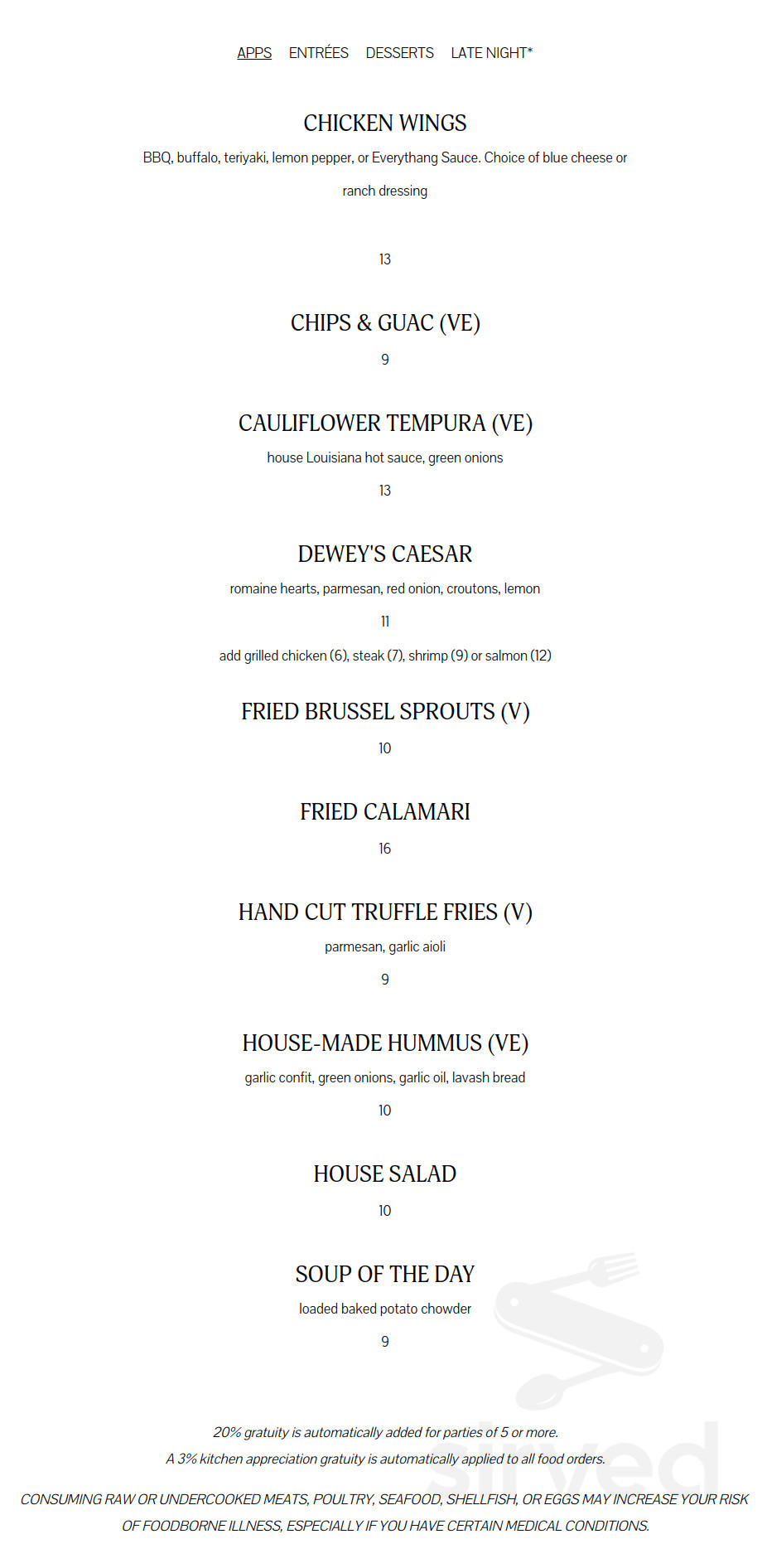 Dewey's Jazz Lounge menu in Springfield, Massachusetts, USA