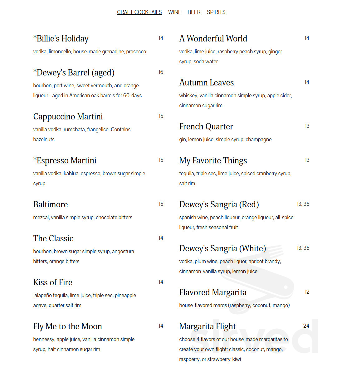 Dewey's Jazz Lounge menu in Springfield, Massachusetts, USA