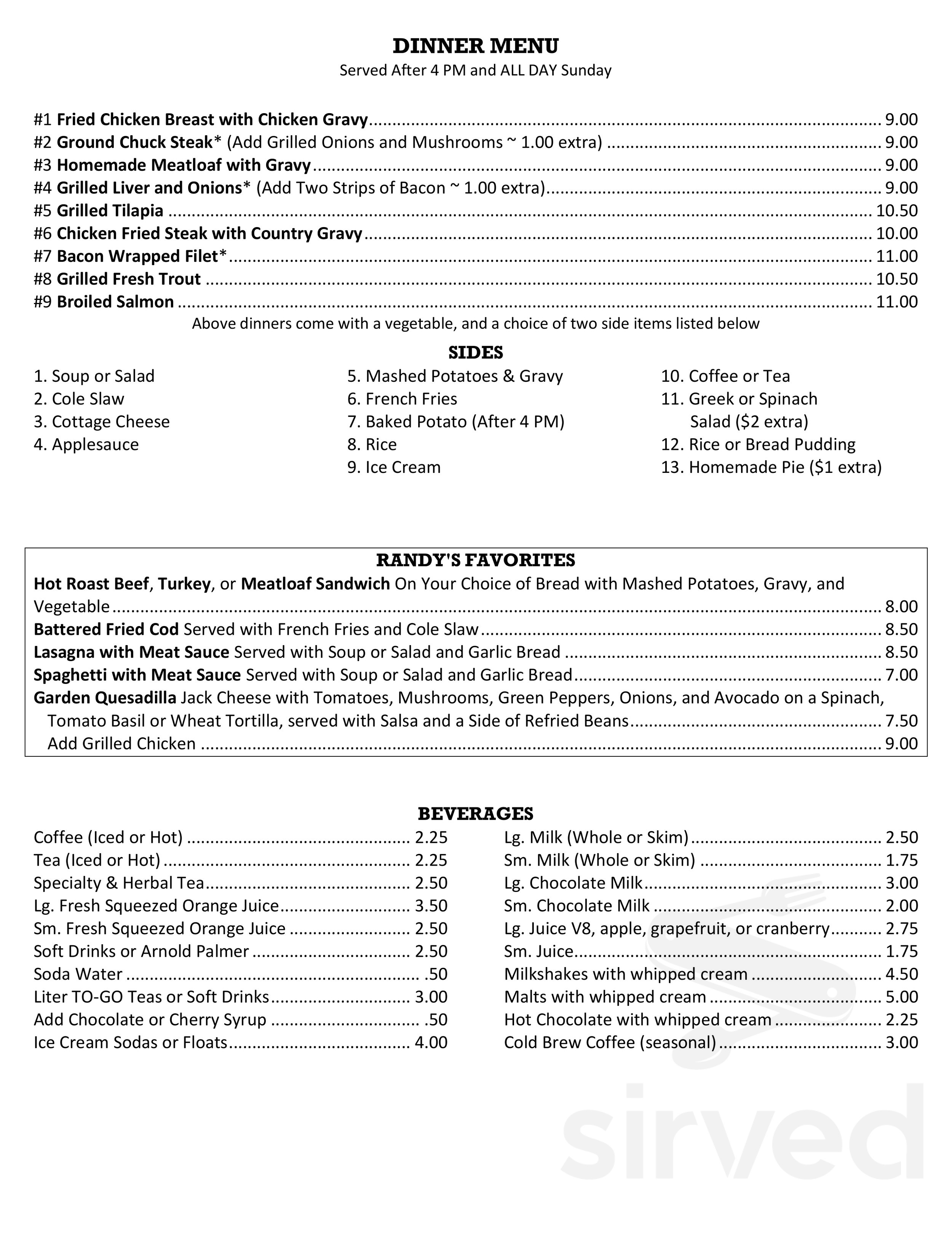 Randy's Restaurant & Ice Cream menu in Scottsdale, Arizona, USA