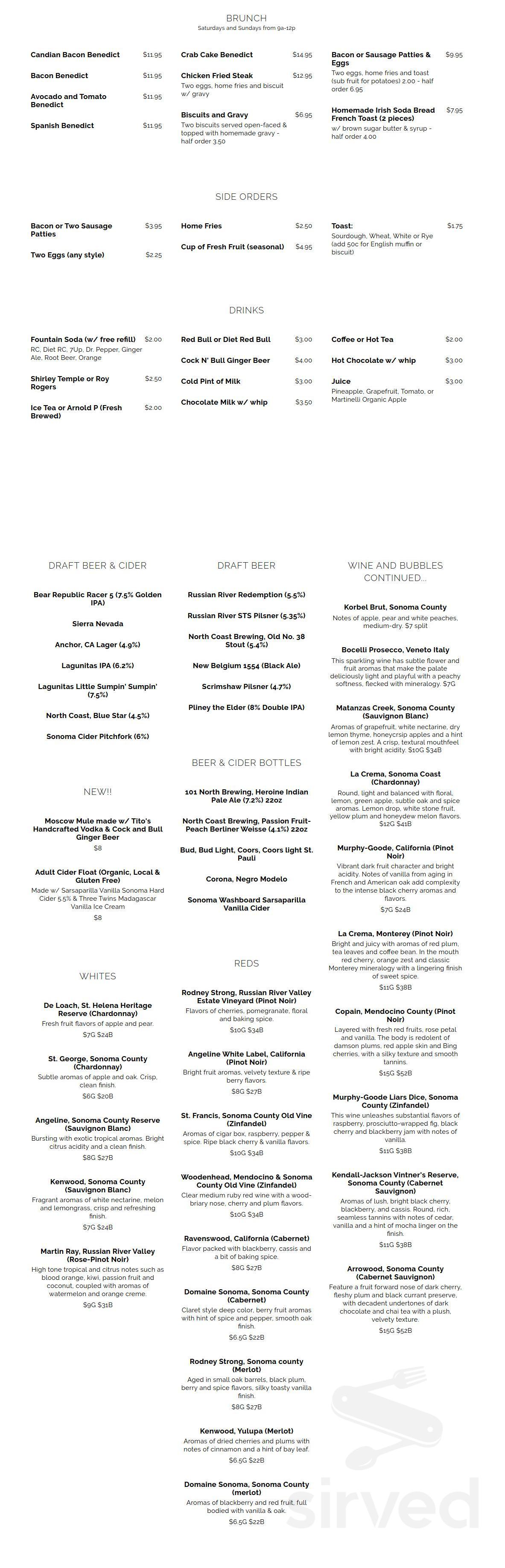 Russian River Pub menu in Forestville, California, USA