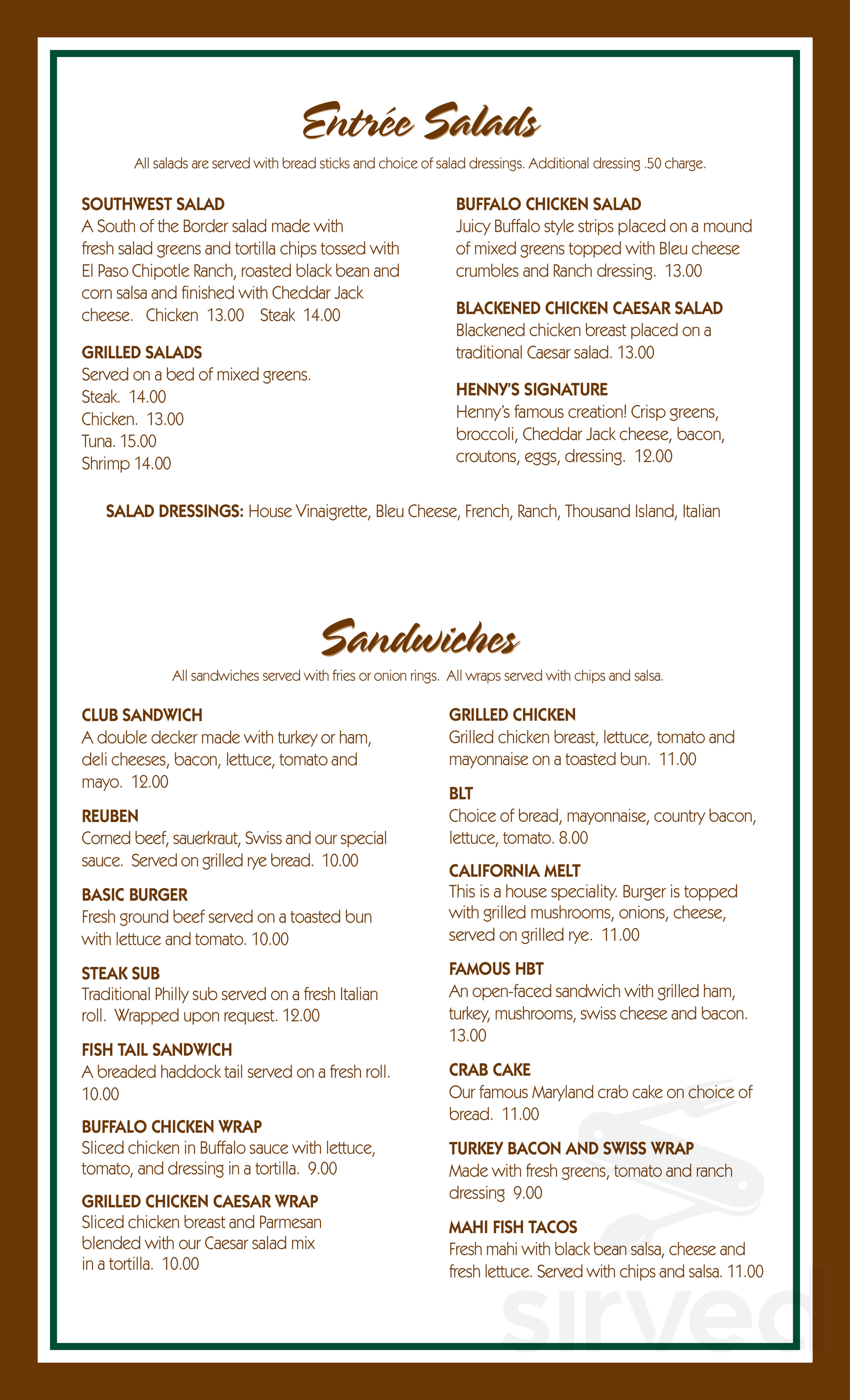 Henny's Grill & Bar menu in Cumberland, Maryland, USA