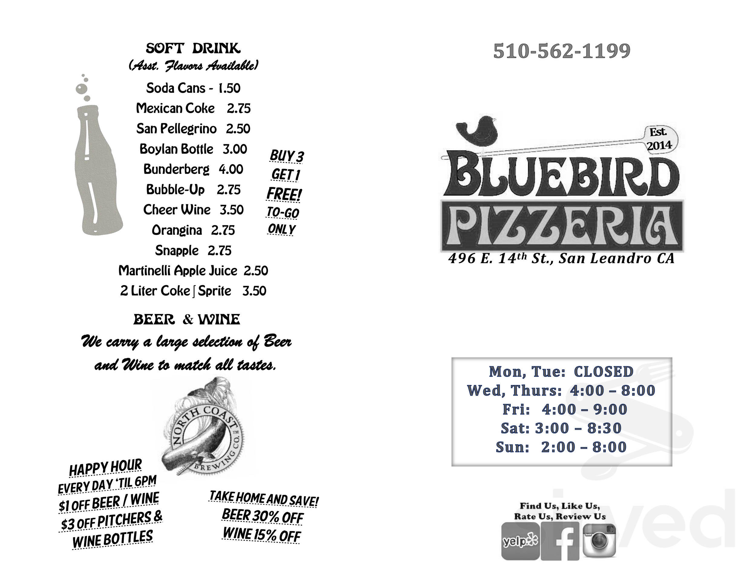 Bluebird Pizzeria menu in San Leandro, California, USA