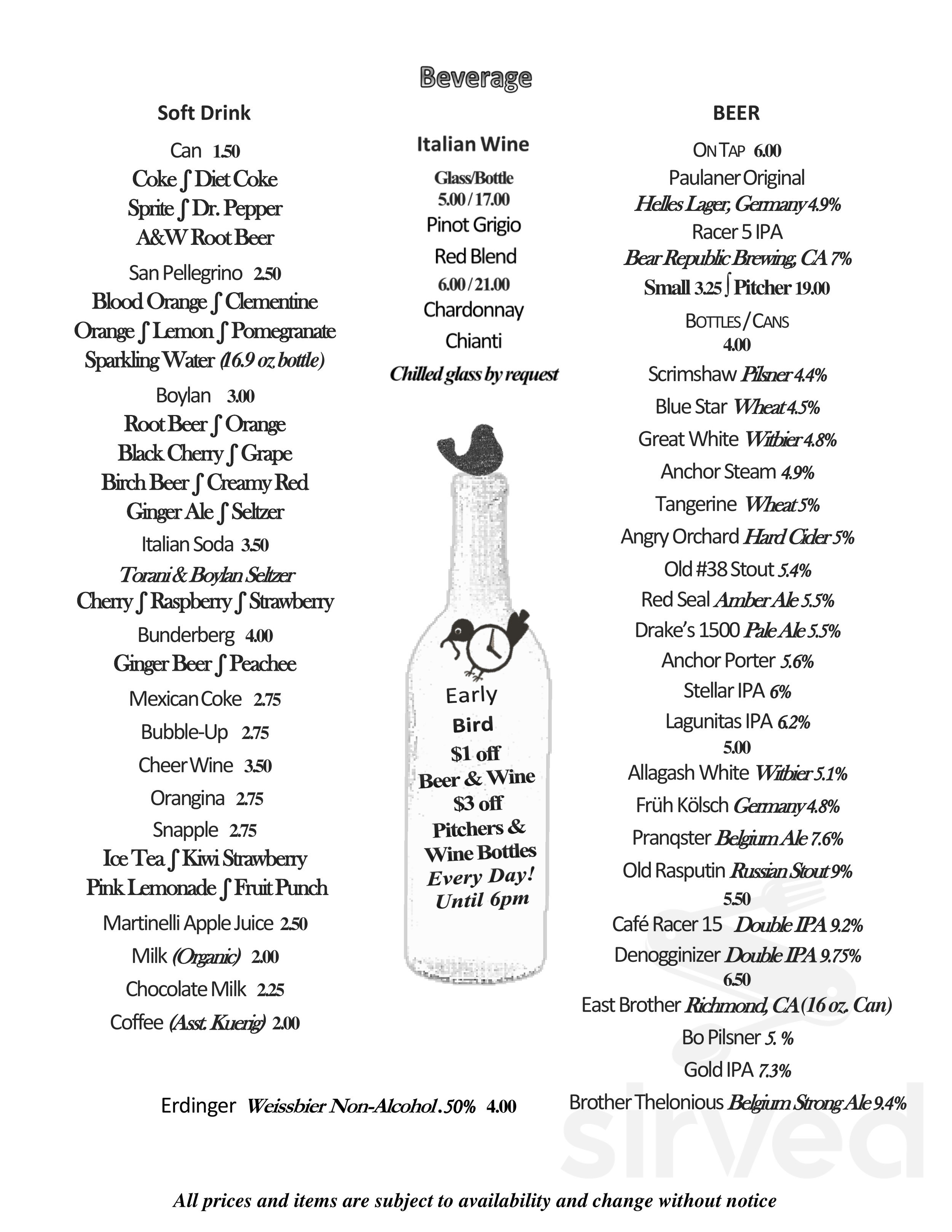 Menu - San Leandro CA's Bluebird Pizzeria | Sirved