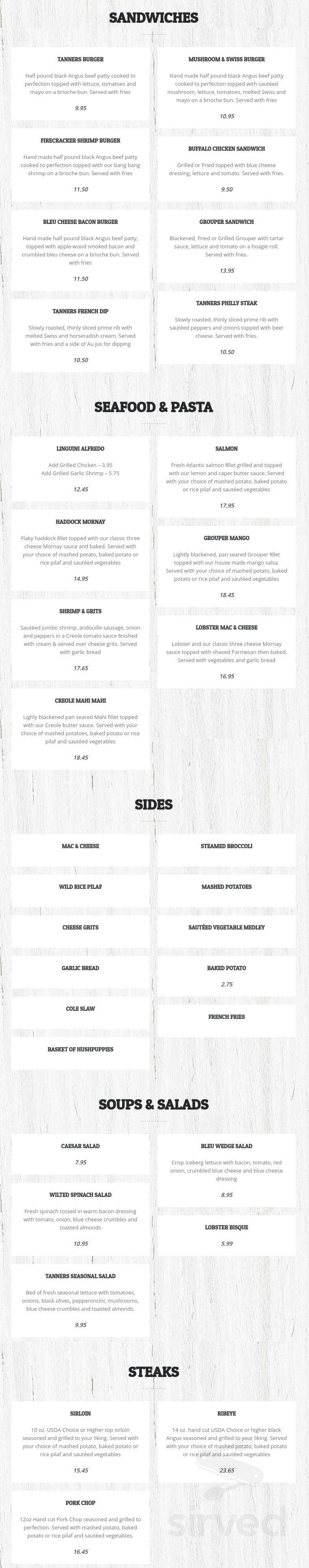 Menu for Tanners Lakeside Restaurant & Bar in Winter Haven, FL | Sirved