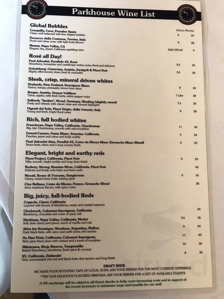 Menu - San Diego CA's Parkhouse Eatery | Sirved