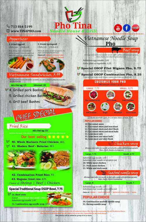 Pho Tina Noodle House & Grill menu in Houston, Texas, USA