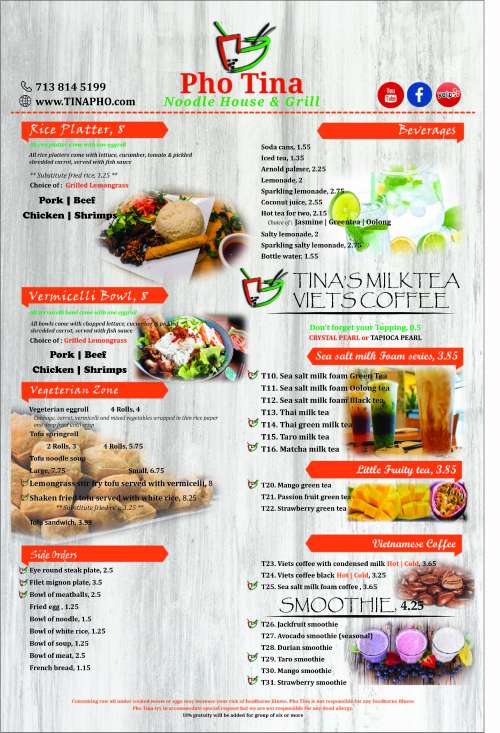 Pho Tina Noodle House & Grill menu in Houston, Texas, USA