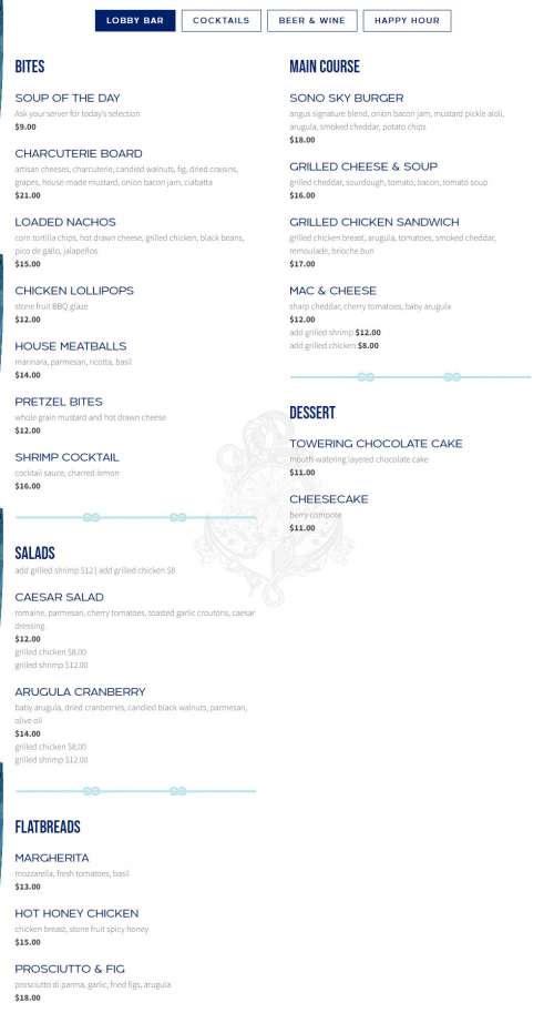 Sono Sky Rooftop Bar menu in Norwalk, Connecticut, USA