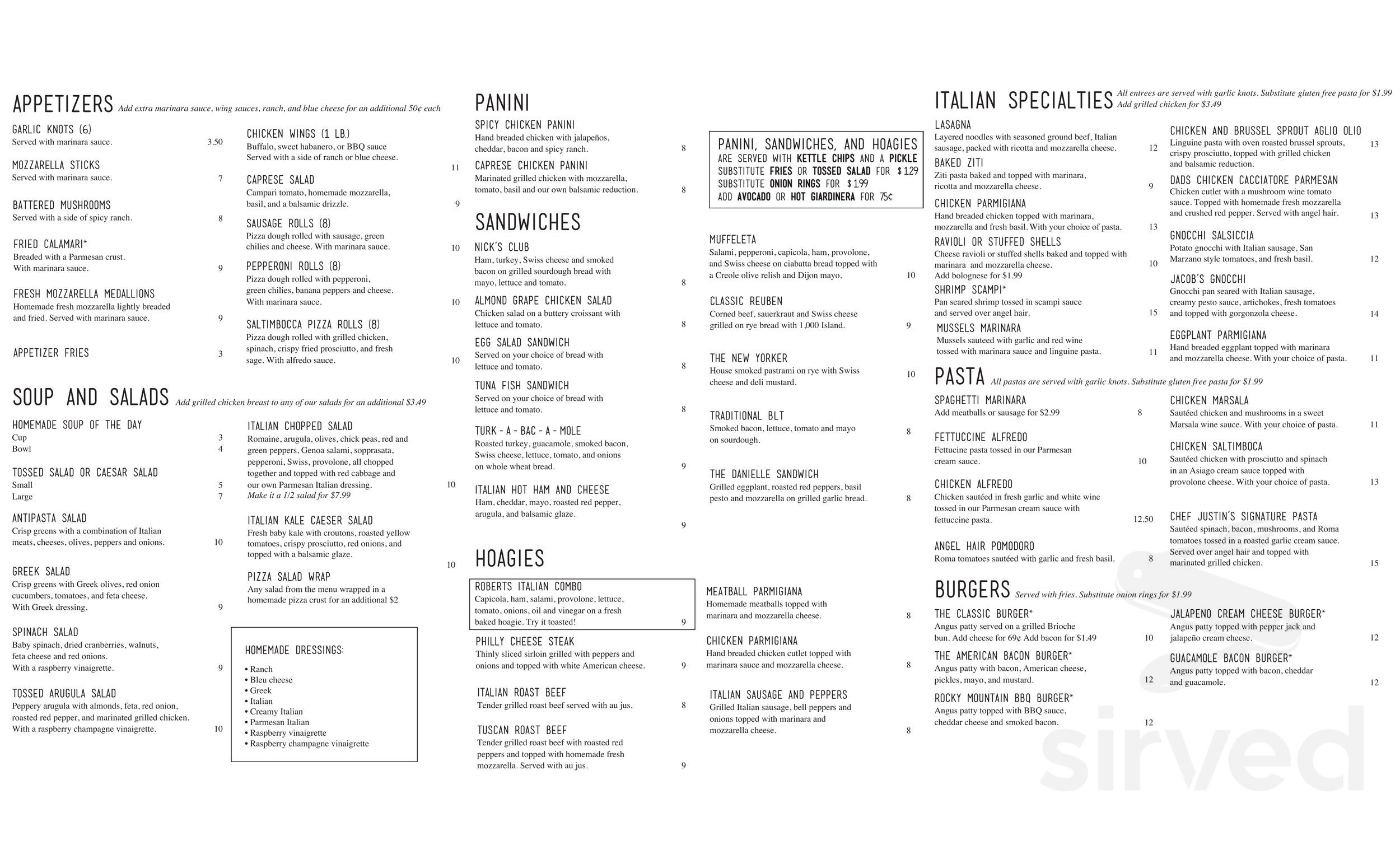 Robert's Italian Restaurant and Deli menu in Littleton, Colorado, USA