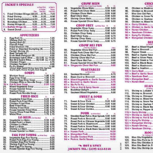 Jackie's Chinese Restaurant menu in Marco Island, Florida, USA