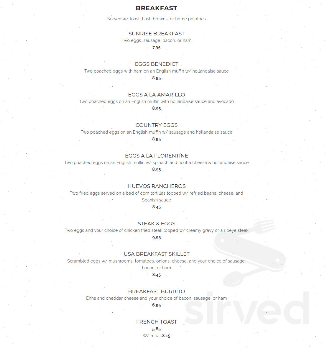 English Field House menu in Amarillo, Texas, USA
