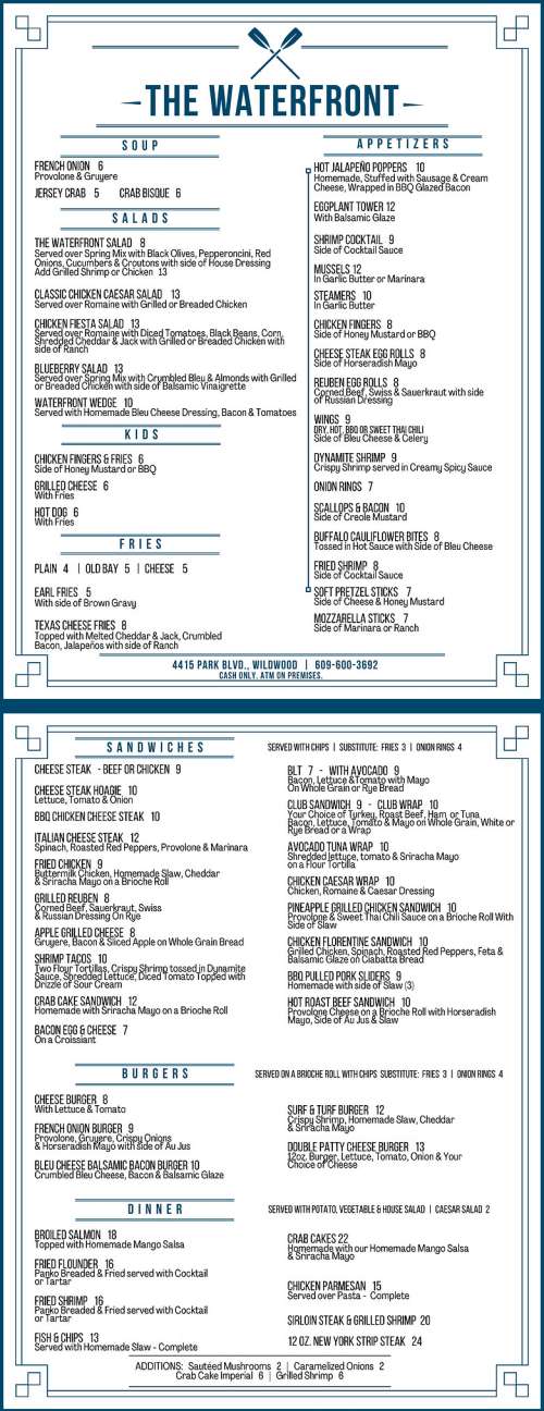 The Waterfront Wildwood menu in Wildwood, New Jersey, USA