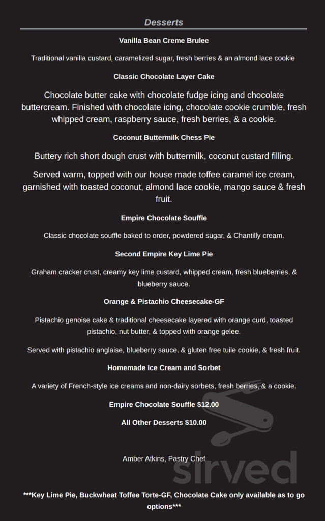 Second Empire Restaurant and Tavern menu in Raleigh, North Carolina, USA