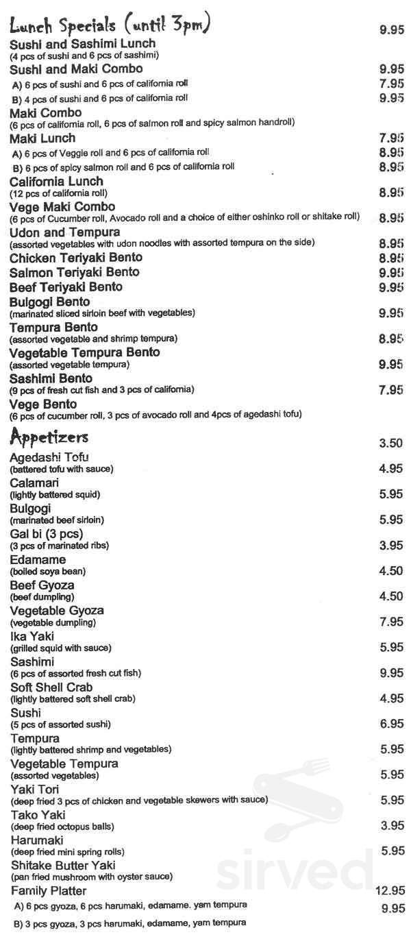 Toro Sushi Restaurant menu in Belleville, Ontario, Canada