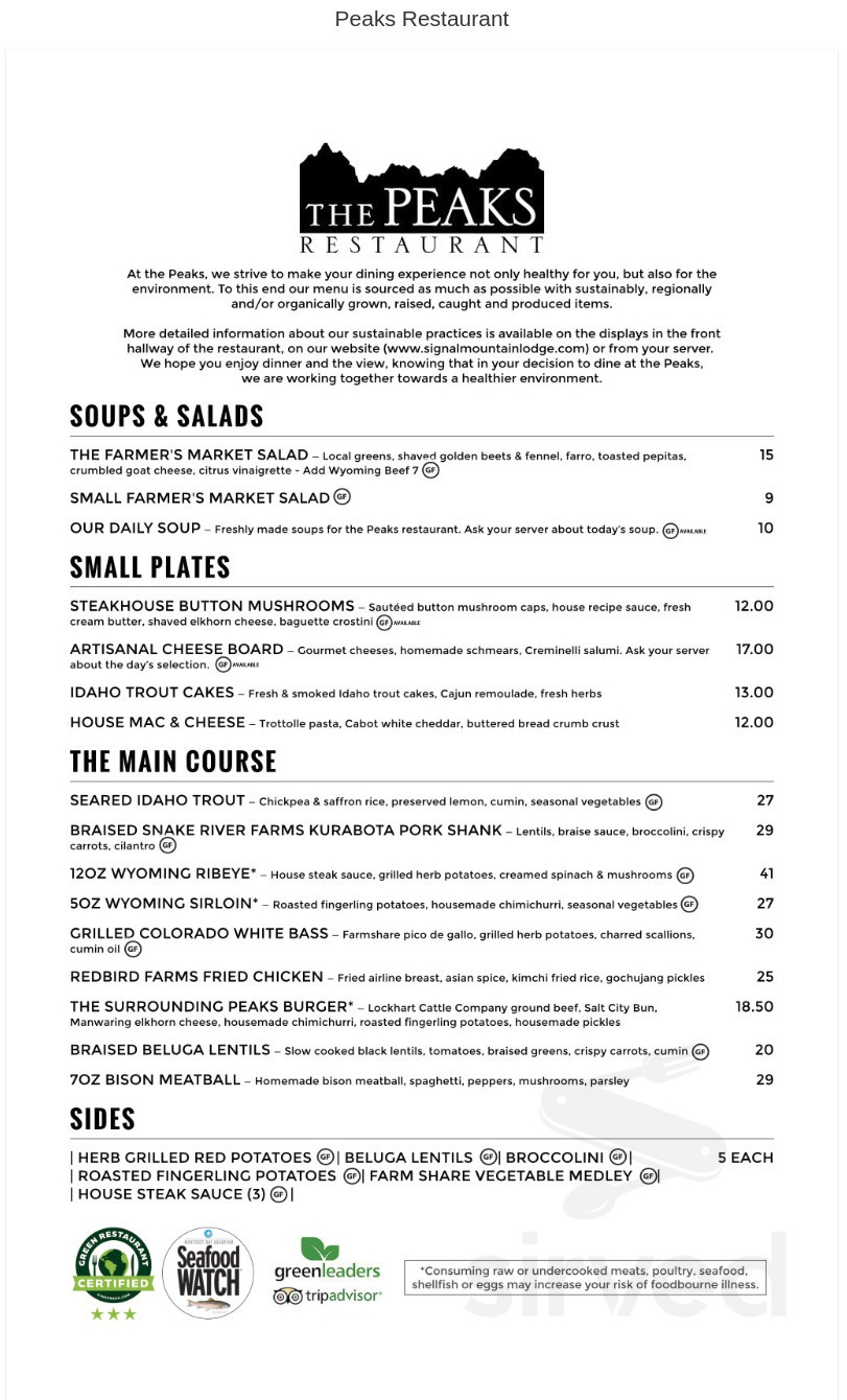 Peaks Restaurant menu in Moran, Wyoming, USA