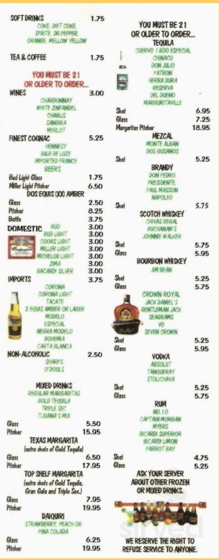 Menu for Tijuana's Mexican Restaurant in Dalton, GA | Sirved
