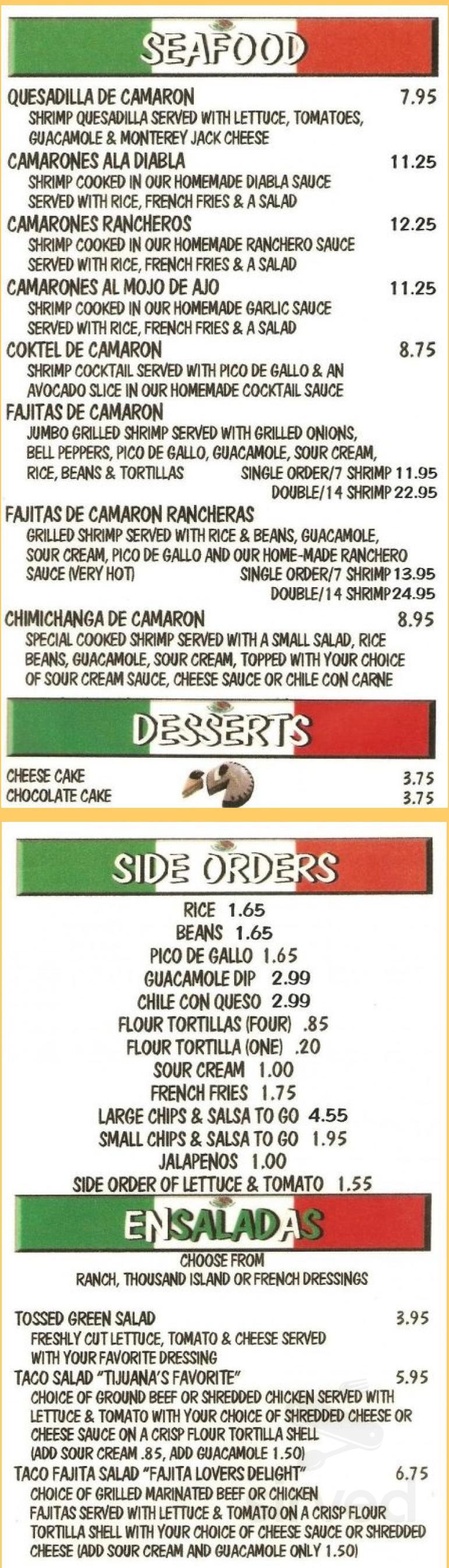 Menu for Tijuana's Mexican Restaurant in Dalton, GA | Sirved