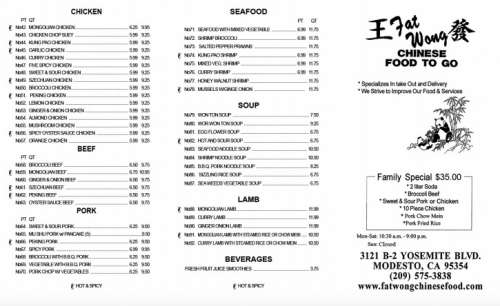 Fat Wong's Chinese Food To Go menu in Modesto, California, USA