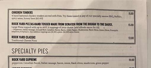 Menu for The Rock Yard in Trenton, TX | Sirved
