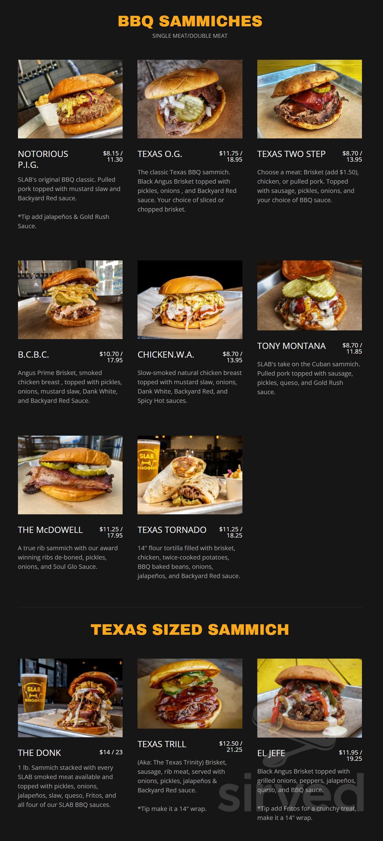 Menu - Austin TX's SLAB BBQ & Beer | Sirved
