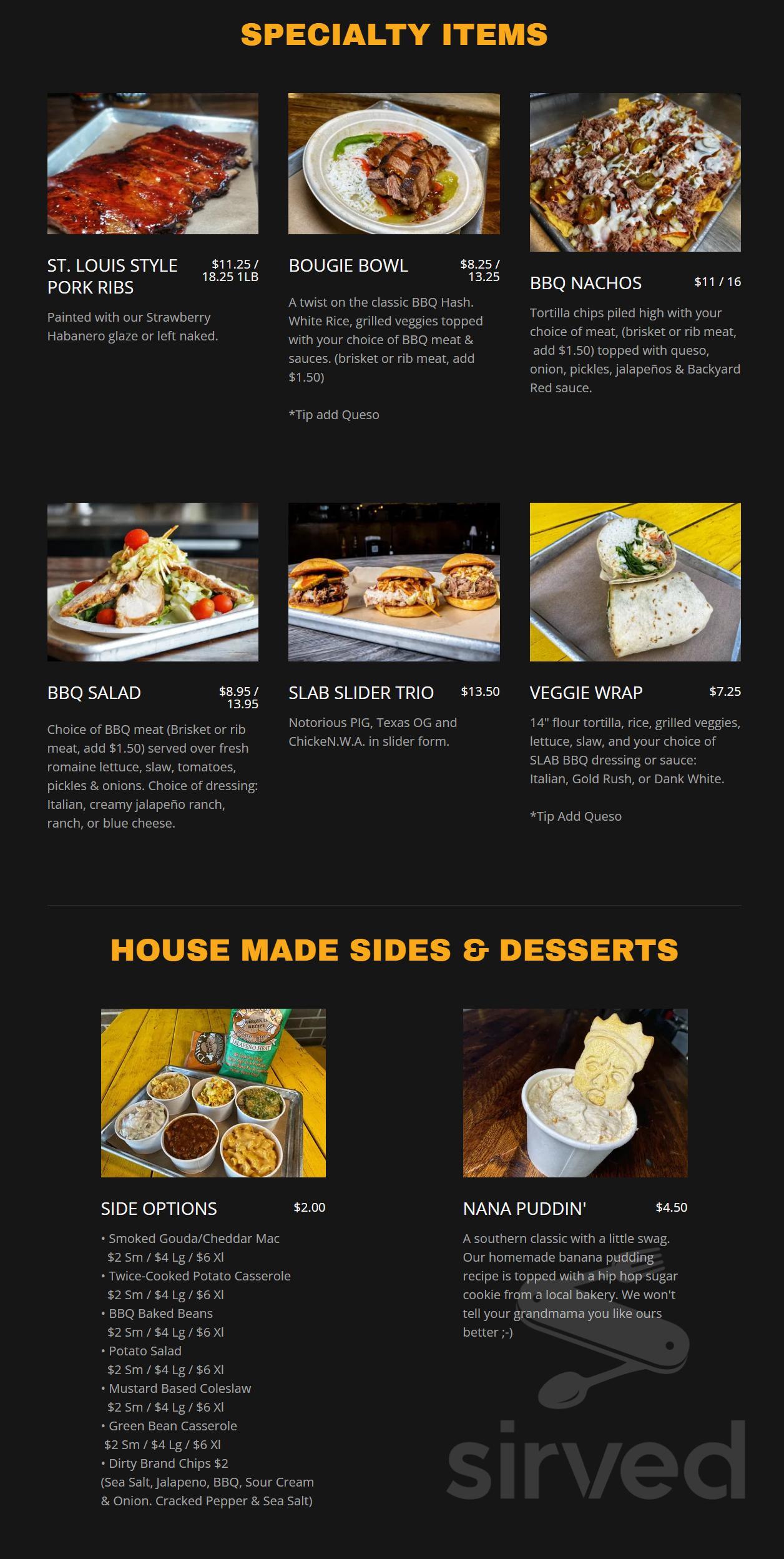 Menu for SLAB BBQ & Beer in Austin, TX | Sirved
