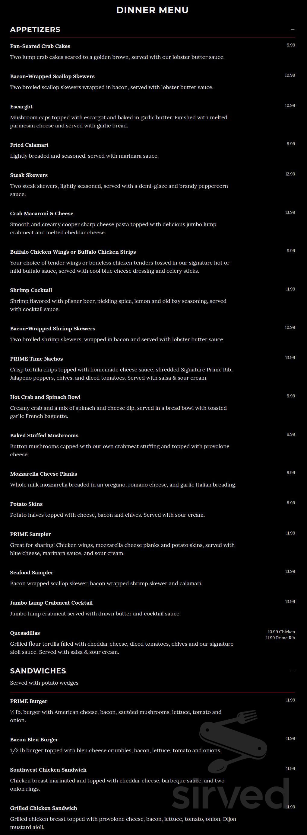 Prime Steak House menu in Bethlehem, Pennsylvania, USA