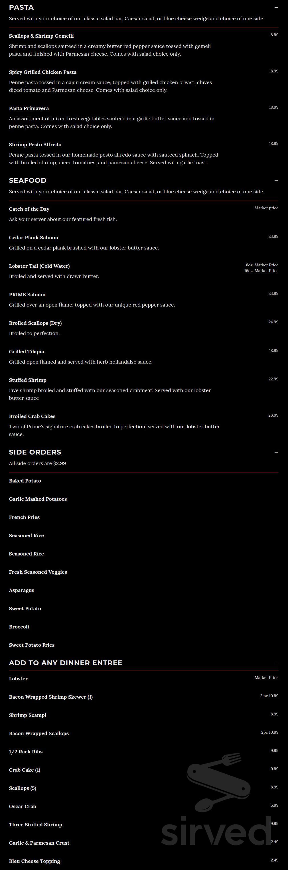 Prime Steak House menu in Bethlehem, Pennsylvania, USA