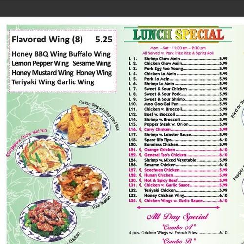 House of Tang menu in Beaufort, South Carolina, USA
