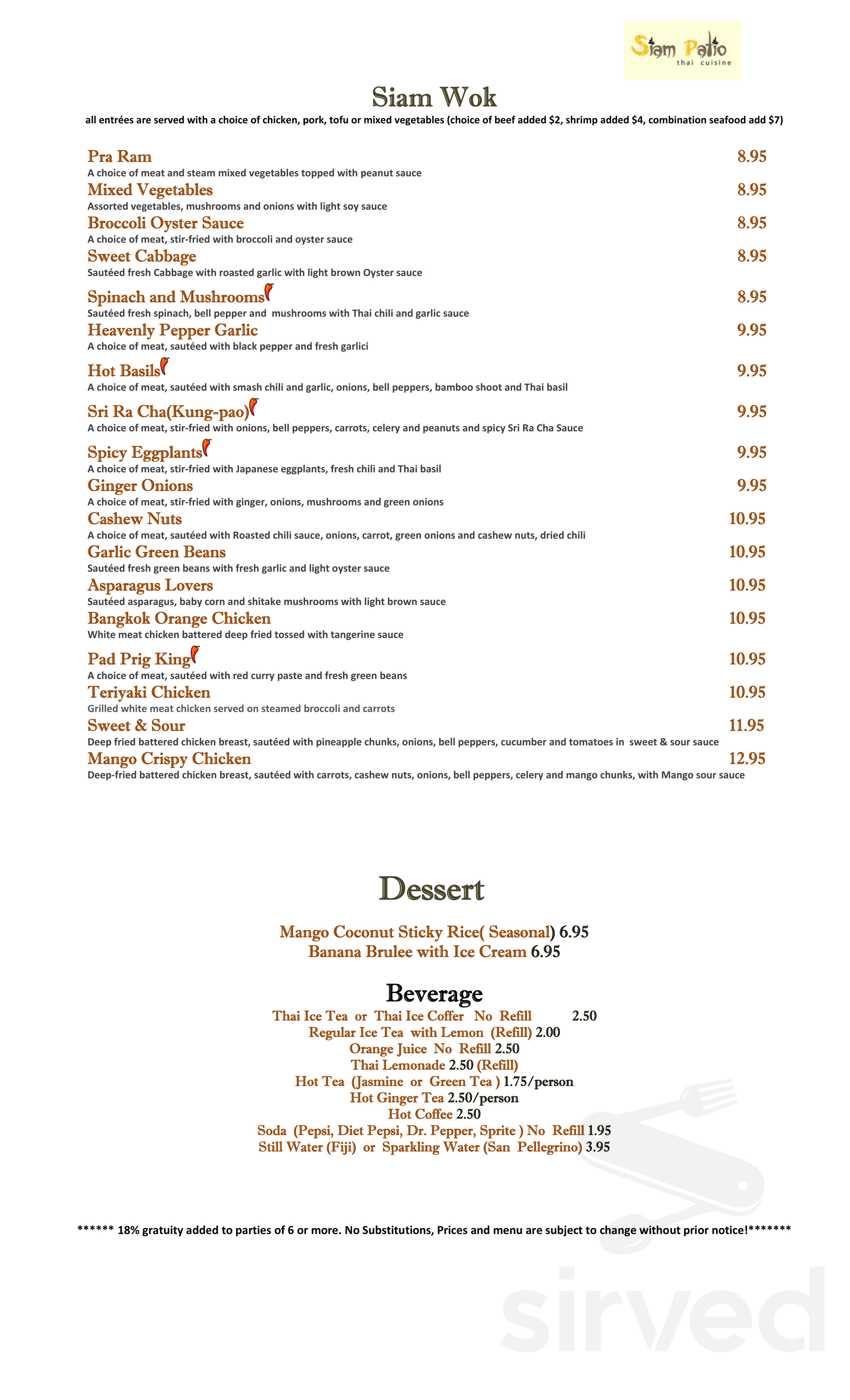 Siam Patio Thai Cuisine menu in Fair Oaks, California, USA