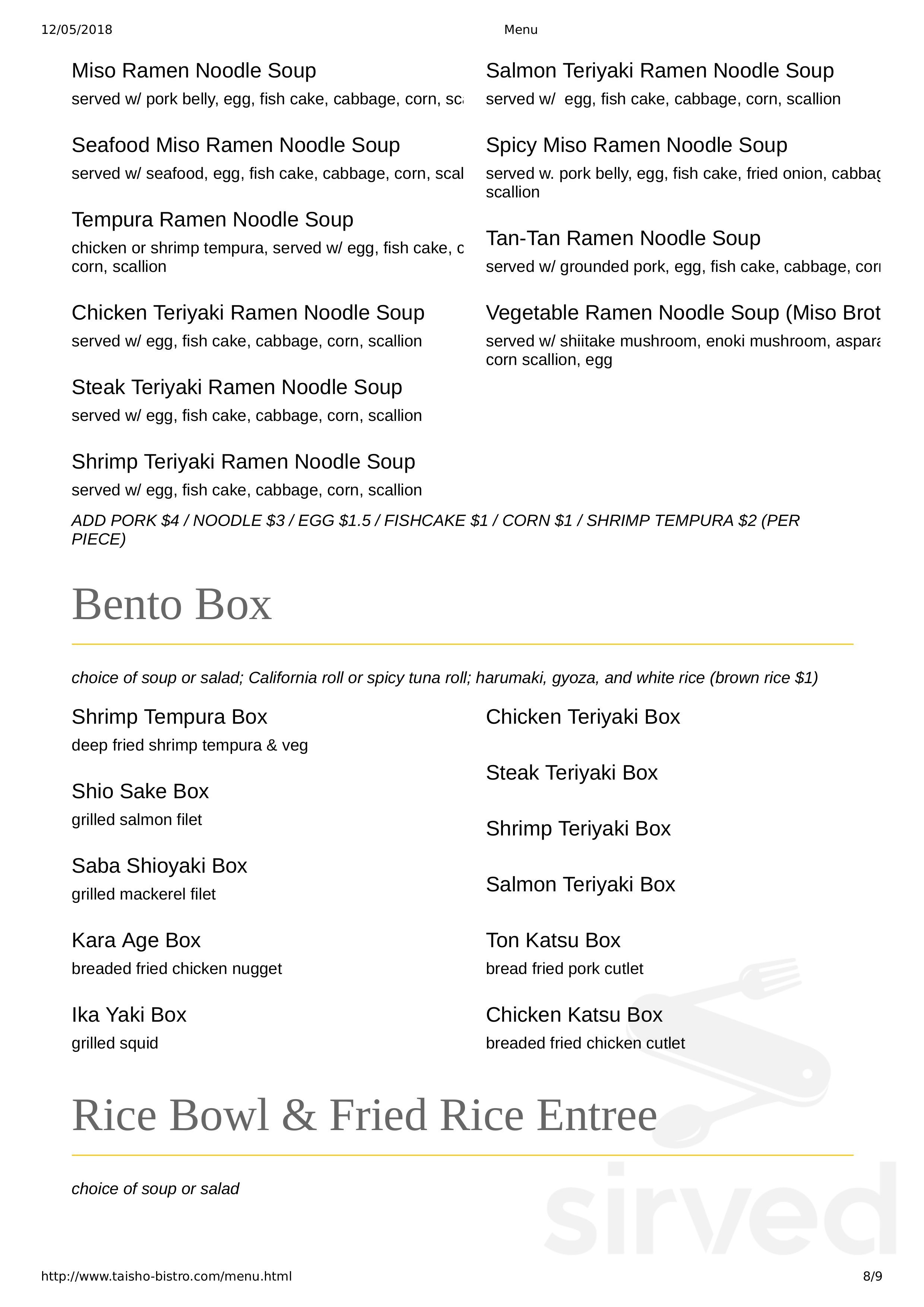 Taisho Bistro Japanese Izakaya Rochester menus in Henrietta, New York ...