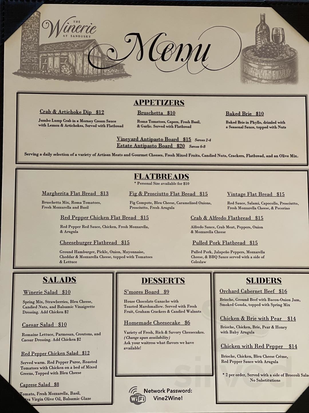 Menu for The Winerie in Sandusky, OH | Sirved