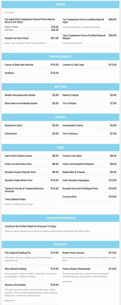 Urban Grub menu in Nashville, Tennessee, USA