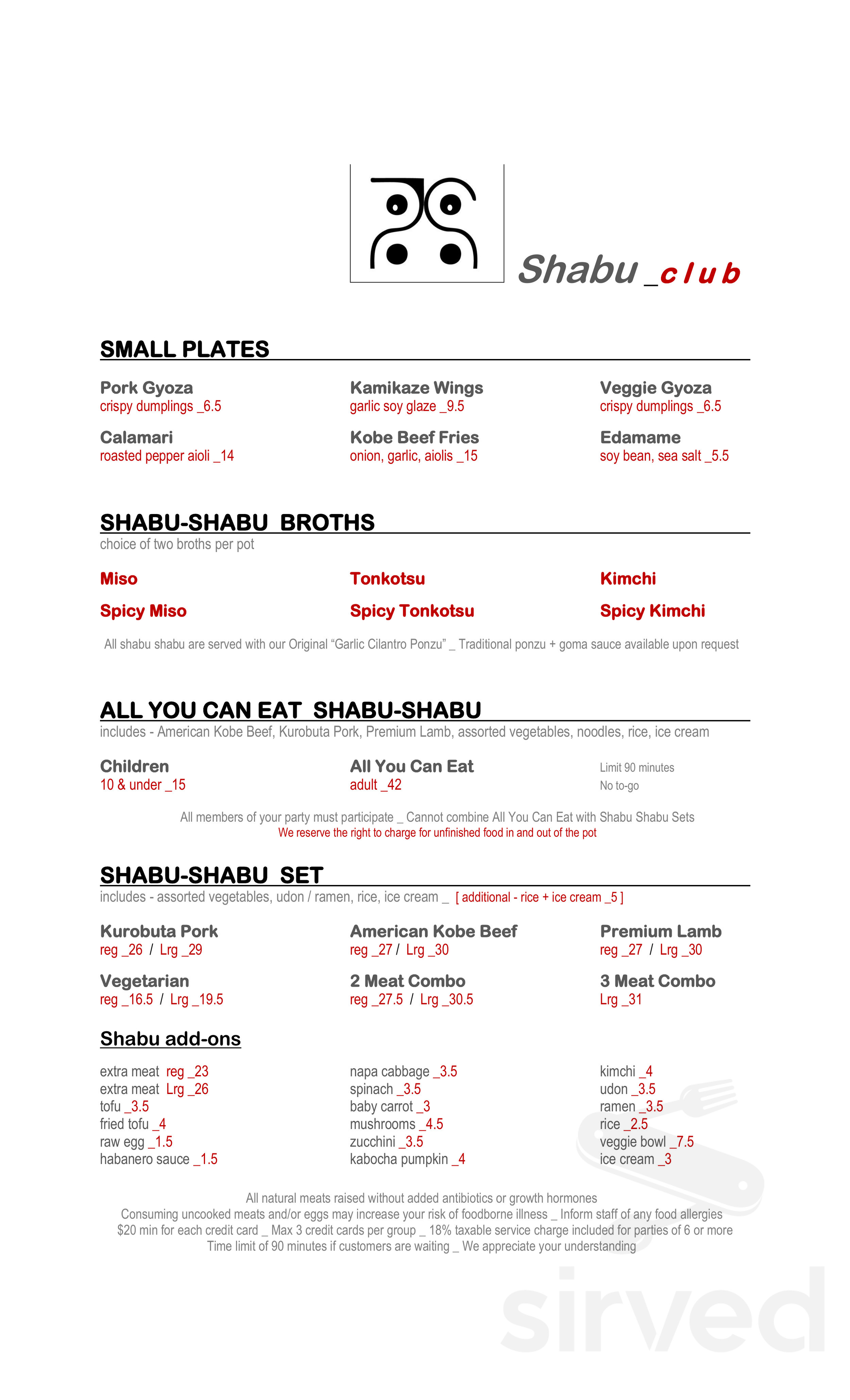 Shabu Club menu in San Francisco, California, USA