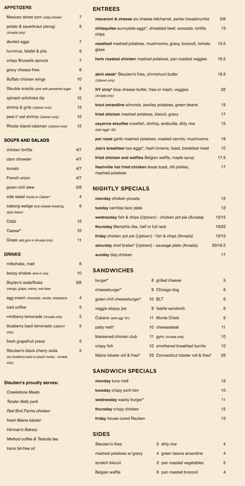Steuben's Uptown menu in Denver, Colorado, USA