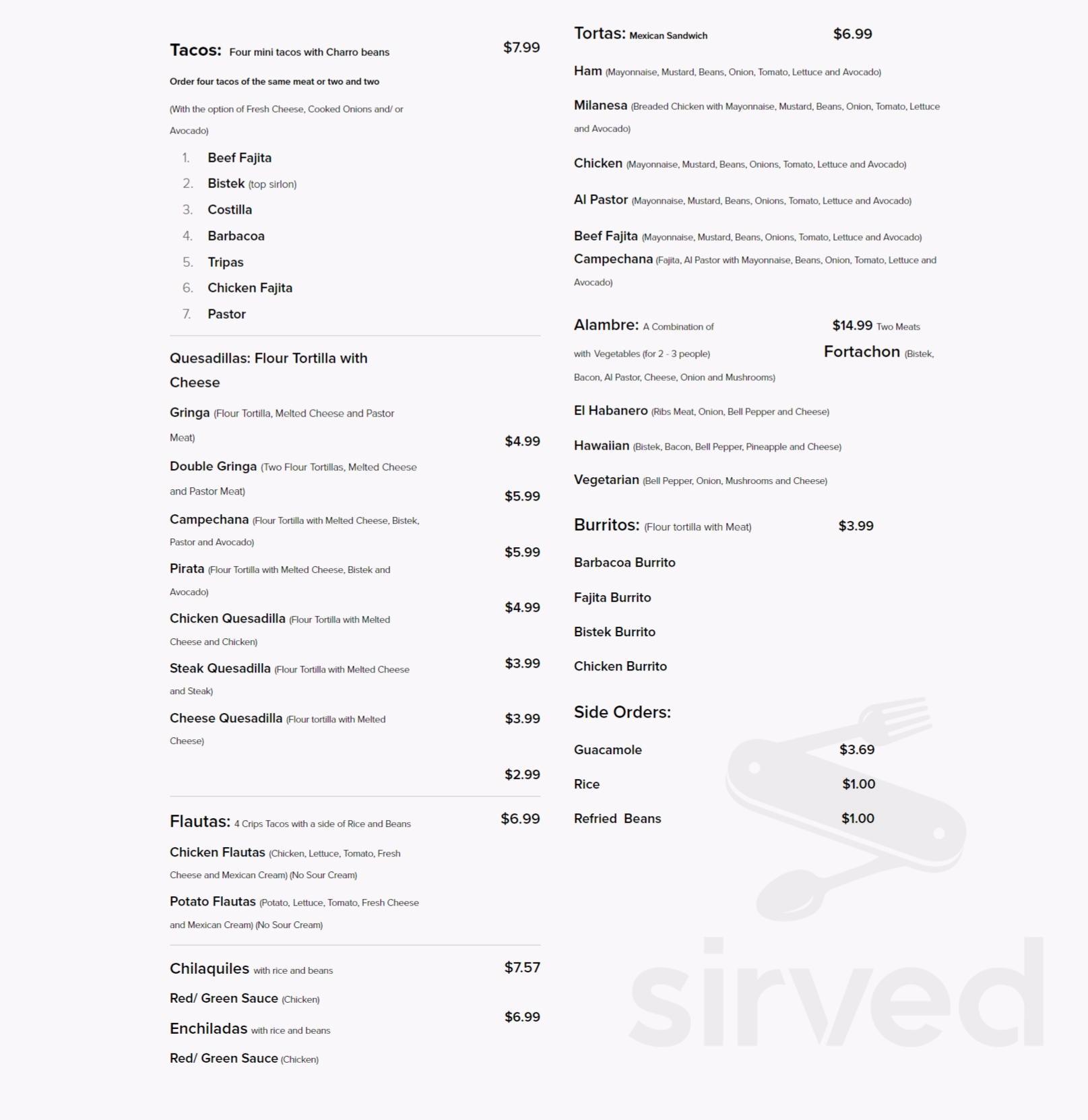 El Habanero Mexican Restaurant menu in San Antonio, Texas, USA