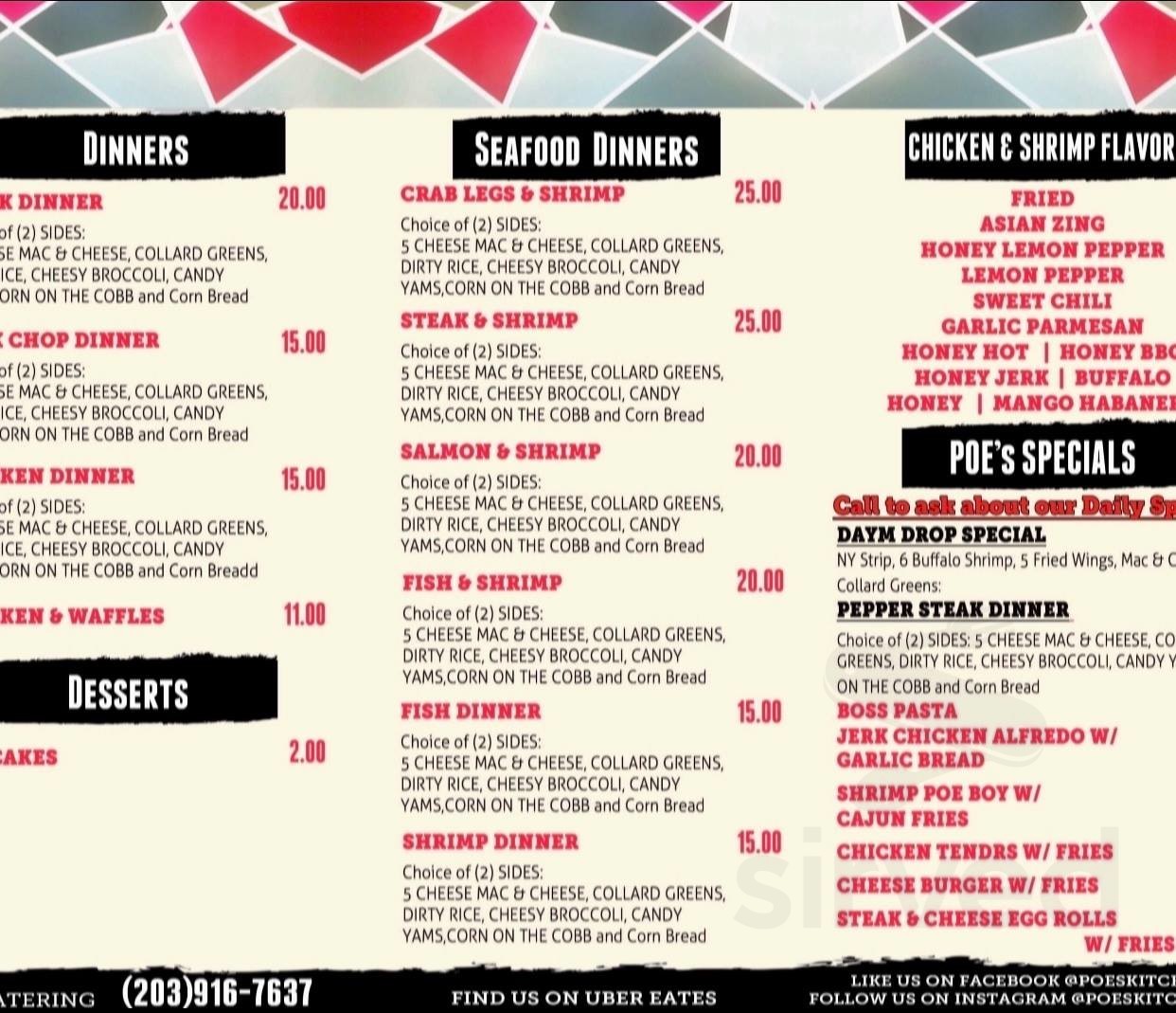 Menu for Poe’s Kitchen in Bridgeport, CT | Sirved