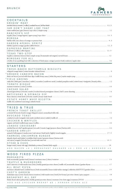 Farmers Commons menu in Florence, Texas, USA