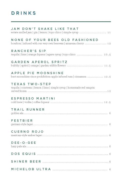 Farmers Commons menu in Florence, Texas, USA