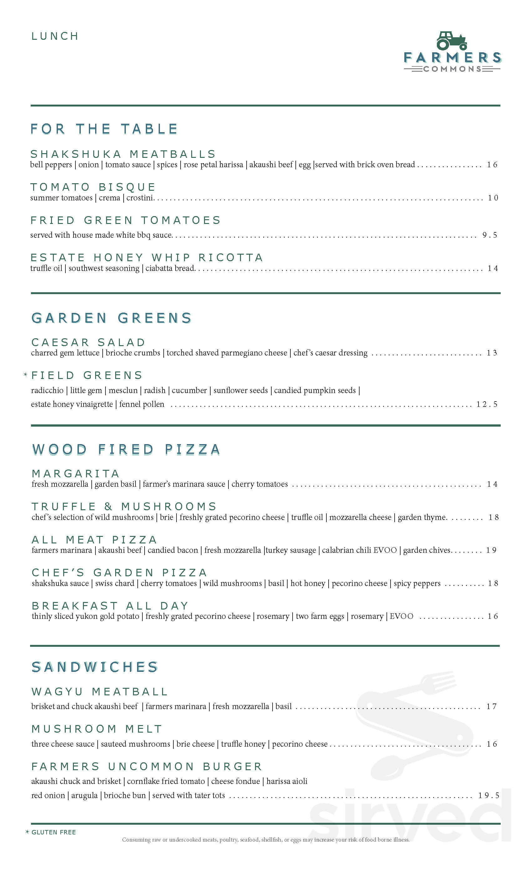 Farmers Commons menu in Florence, Texas, USA