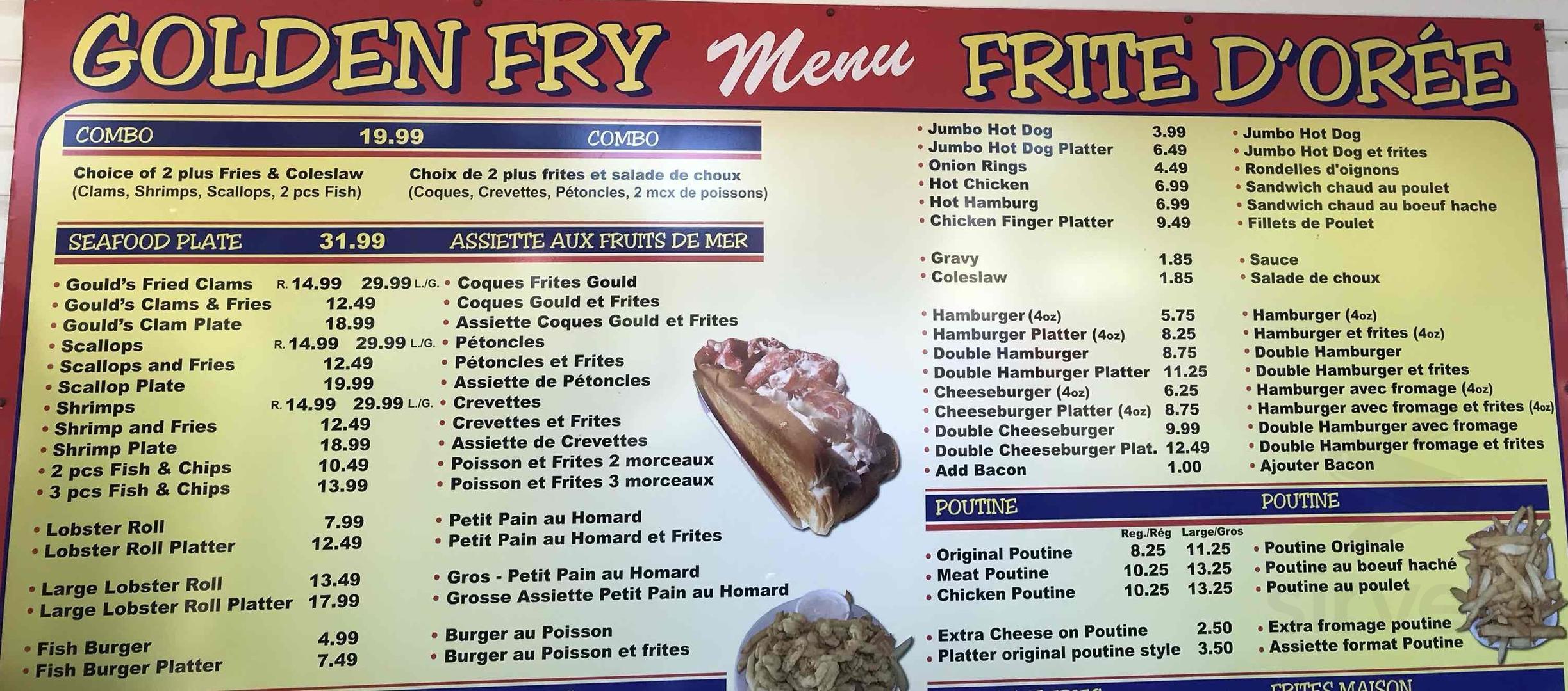 Golden Fry menu in Shediac, New Brunswick, Canada
