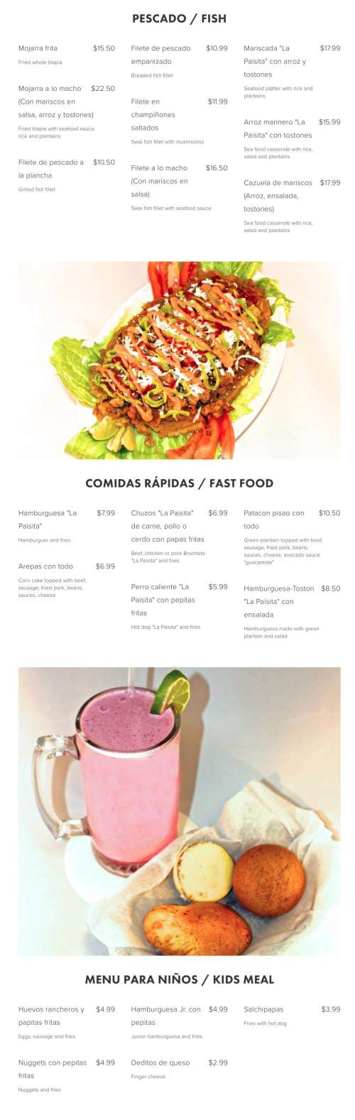 La Paisita Restaurant & Bakery menu in Port St. Lucie, Florida, USA