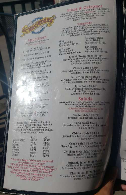 Schroeder's New Deli menu in Rome, Georgia, USA
