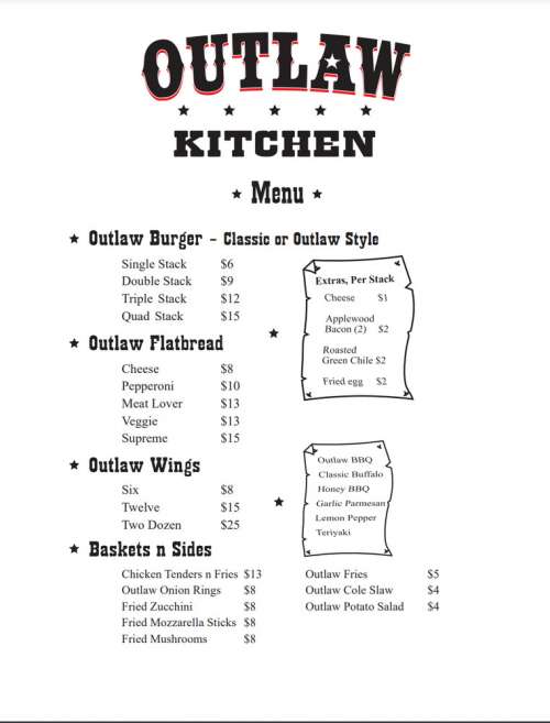 Outlaw Saloon menu in Tucson, Arizona, USA