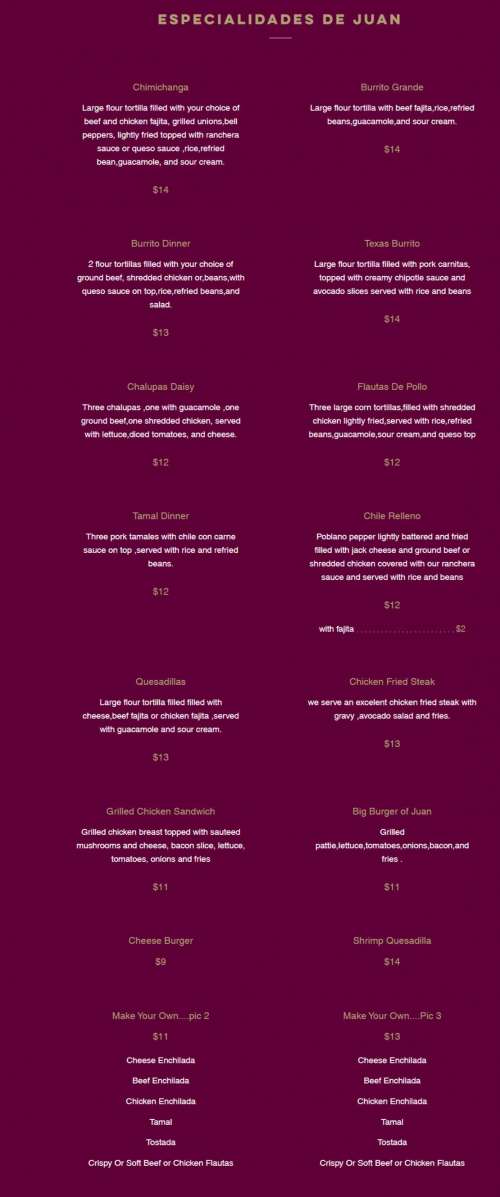 Juan & Linda's Mexican Grill menu in Anderson, Texas, USA